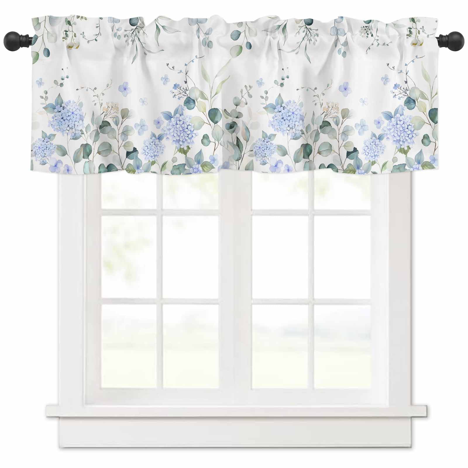 Blue Hydrangea Flowers Valance for Windows Eucalyptus Leaves Elegant ...