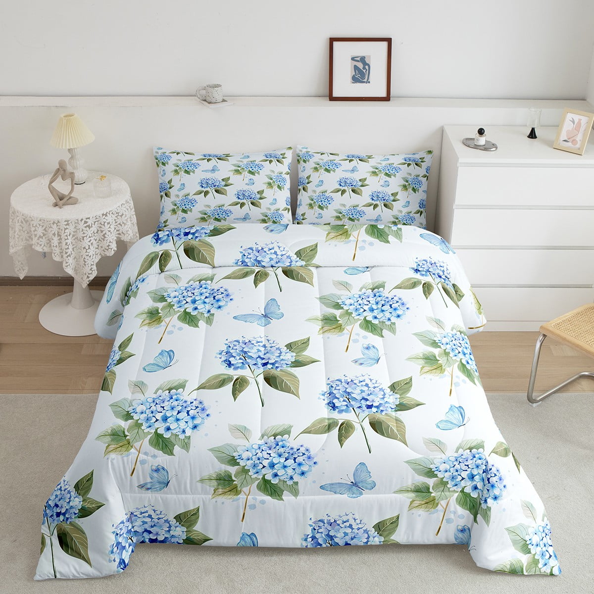 Blue Hydrangea Full Bedding Sets Chic Flower Comforter Set, Cute ...