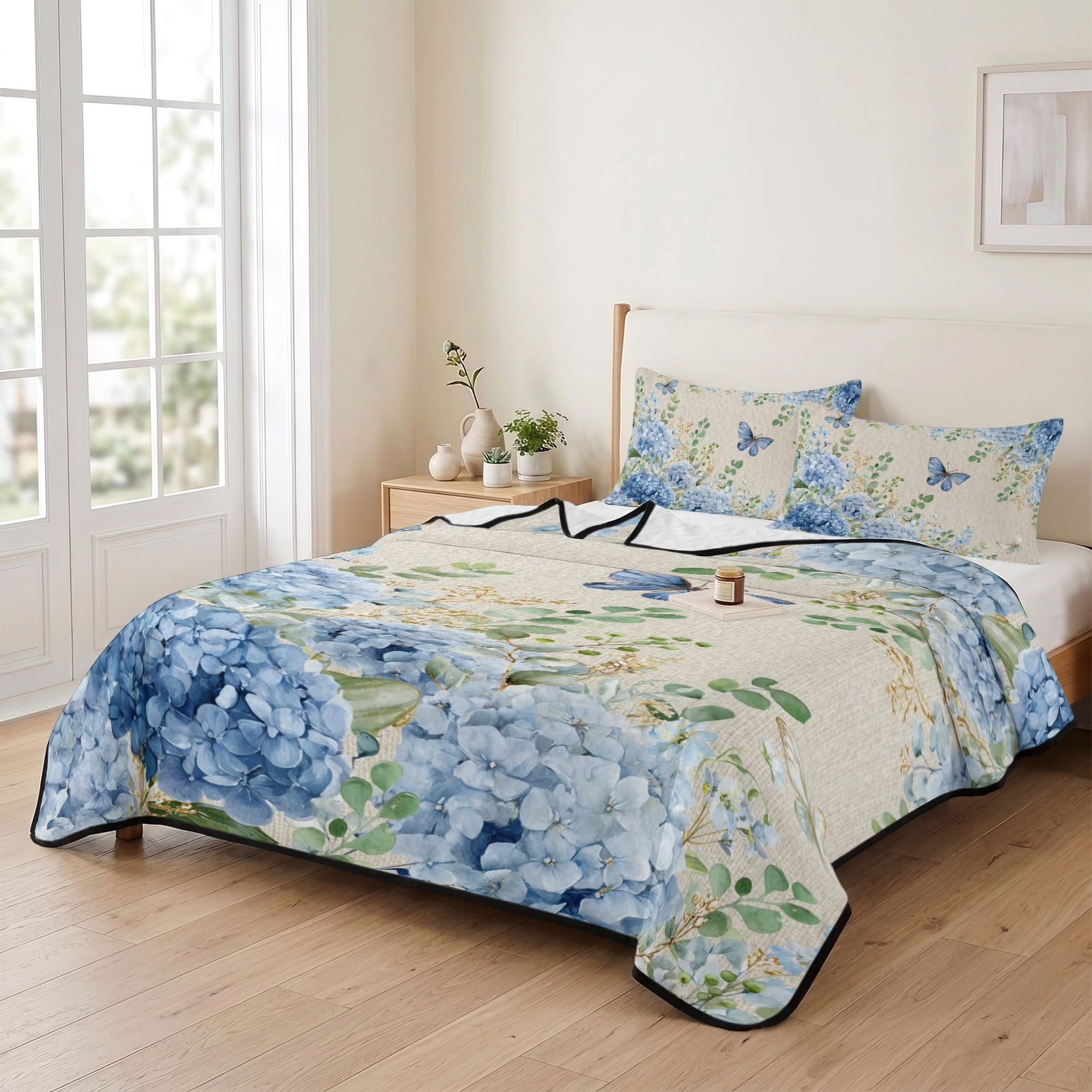 Blue Hydrangea Green Leaf 3 Pieces Quilt Set,1 Quilt with 2 Shams ...