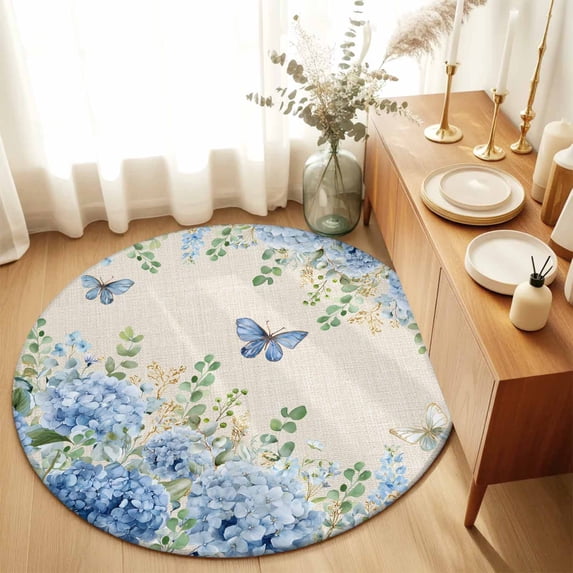 Blue Hydrangea Green Leaf Round Area Rug 3ft,Living Room Rug Non-Slip ...
