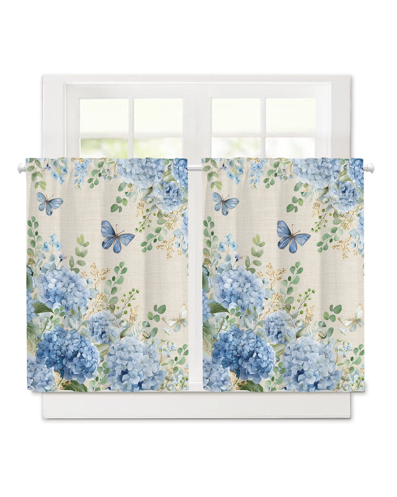 Blue Hydrangea Green Leaf Short Blackout Curtains 45 Inch Long,Summer ...