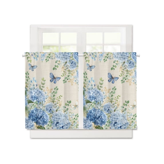Blue Hydrangea Green Leaf Short Blackout Curtains 45 Inch Long,Summer ...