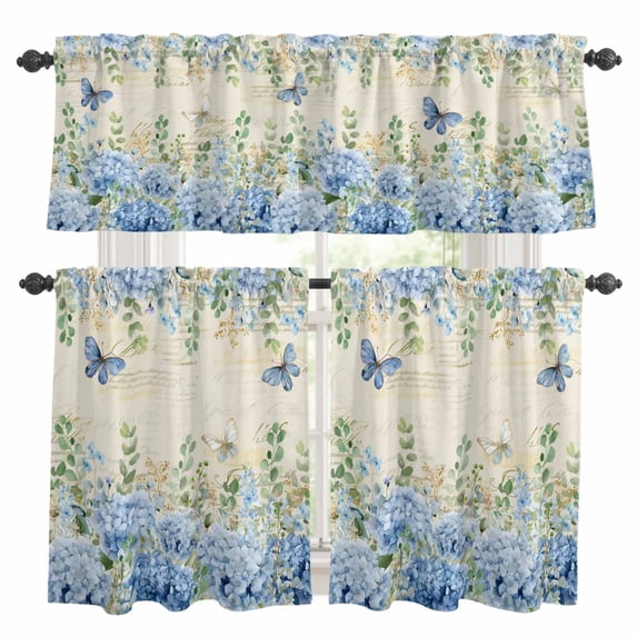 Blue Hydrangea Kitchen Curtains Set for Windows, Rustic Summer Blue ...