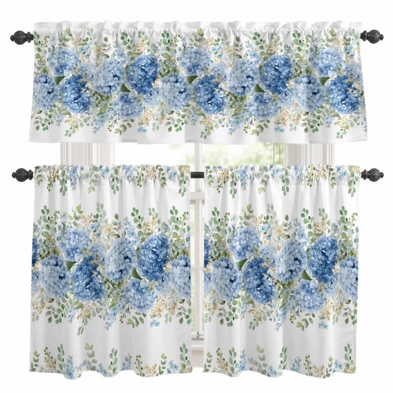 Blue Hydrangea Kitchen Curtains Set for Windows, Rustic Summer Blue ...