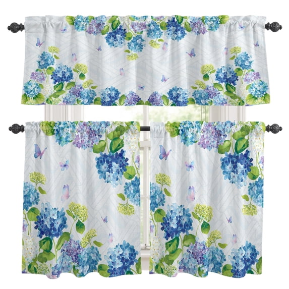 Blue Hydrangea Kitchen Curtains Set for Windows, Watercolor Blue Purple ...