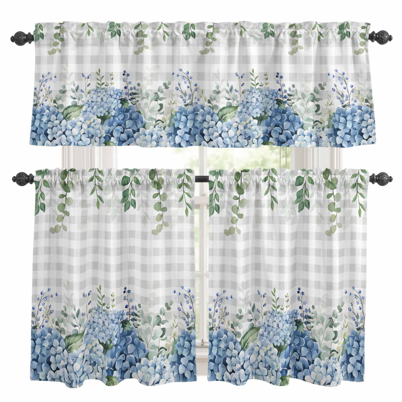 Blue Hydrangea Kitchen Curtains Set for Windows, Watercolor Spring Blue ...