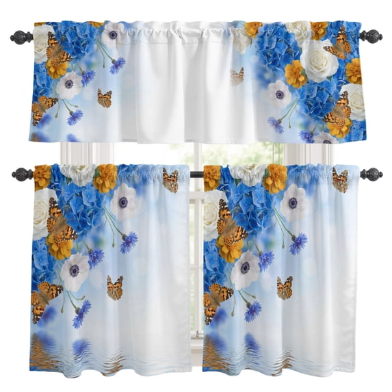 Blue Hydrangea Kitchen Curtains Set for Windows, White Orange Flowers ...