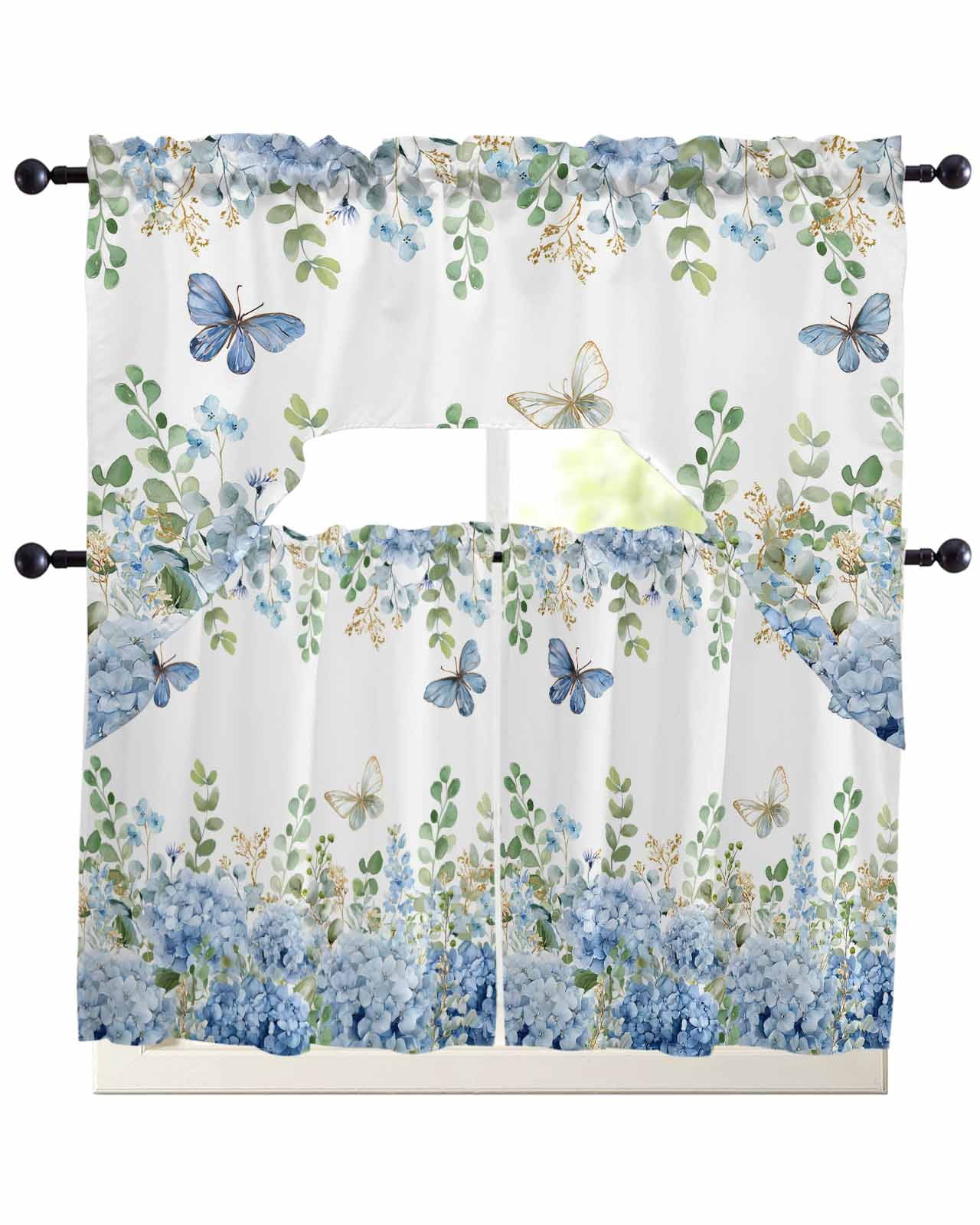 Blue Hydrangea Kitchen Curtains Sets 24 Inch Length with Valance ...