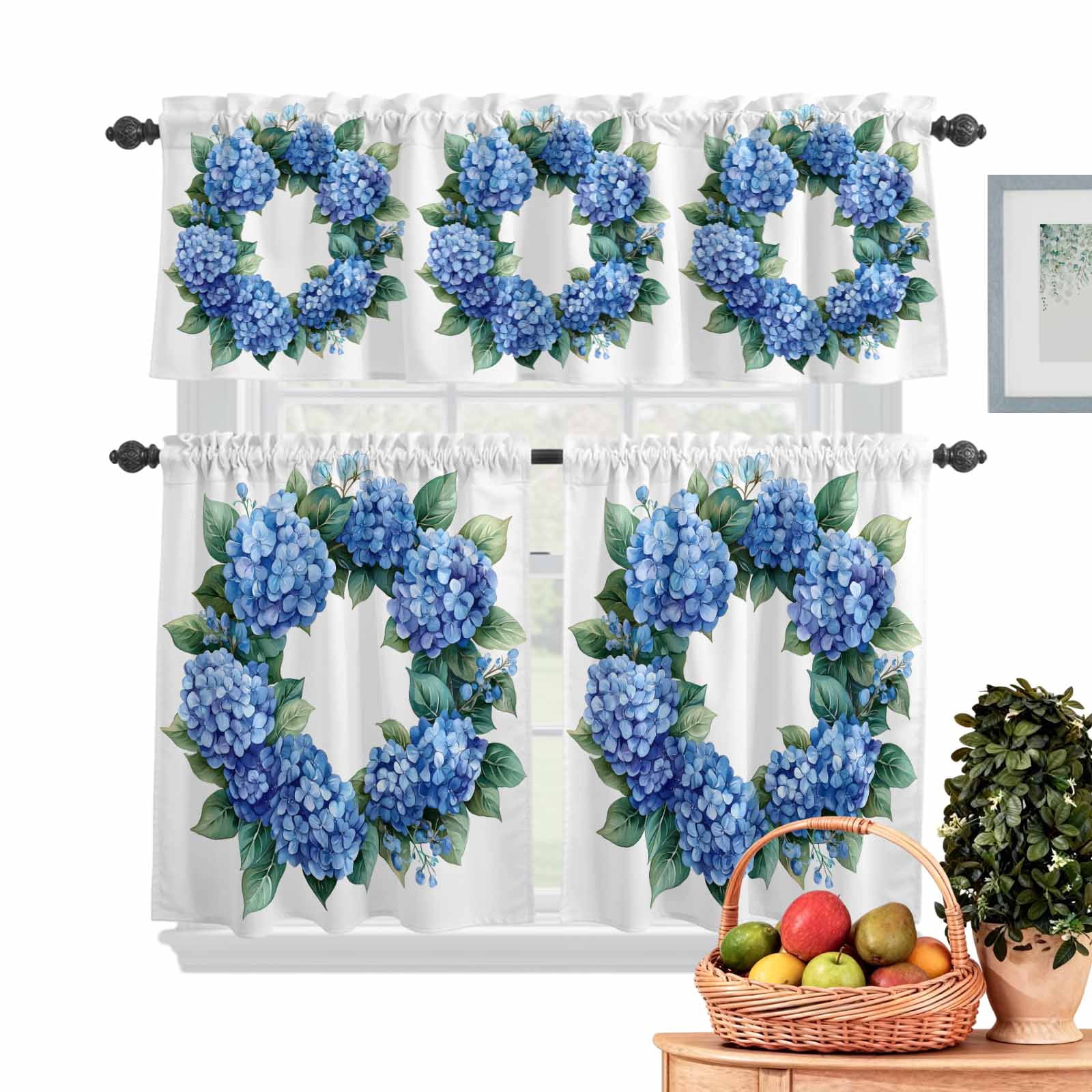 Blue Hydrangea Kitchen Curtains Valances 3 Piece Set, Spring Wreath Flower Rod Pocket Tier ...