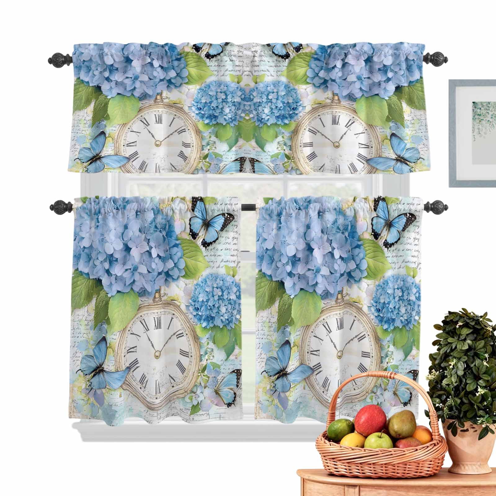 Blue Hydrangea Kitchen Curtains Valances 3 Piece Set, Vintage Clock ...