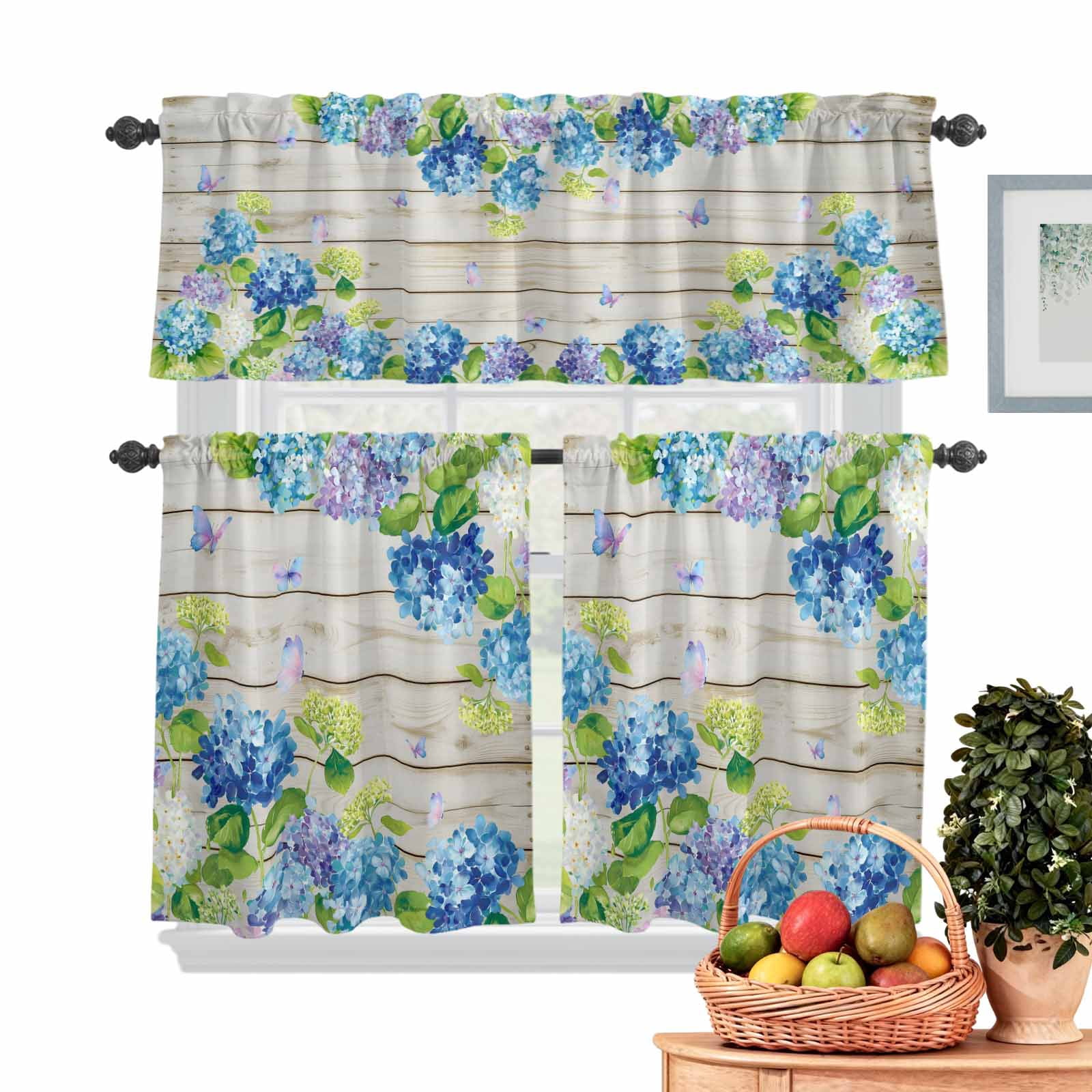 Blue Hydrangea Kitchen Curtains Valances 3 Piece Set, Watercolor Blue ...