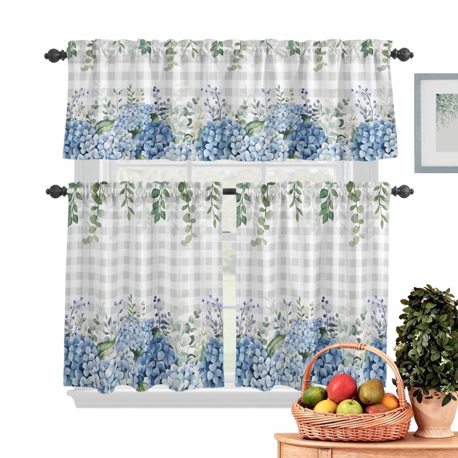 Blue Hydrangea Kitchen Curtains Valances 3 Piece Set, Watercolor Spring ...