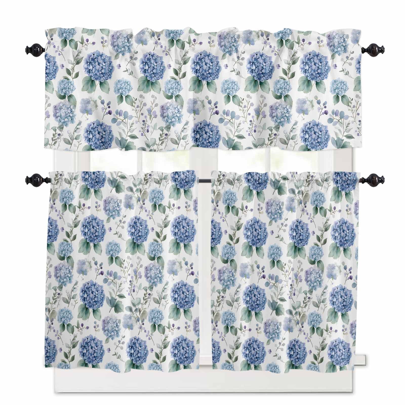 Blue Hydrangea Kitchen Curtains and Valances Set, Eucalyptus Leaves ...