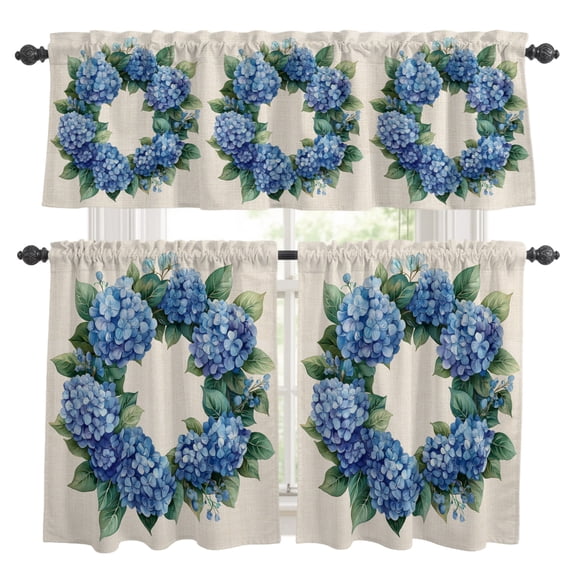 Blue Hydrangea Kitchen Curtains and Valances Set, Spring Wreath Flower ...