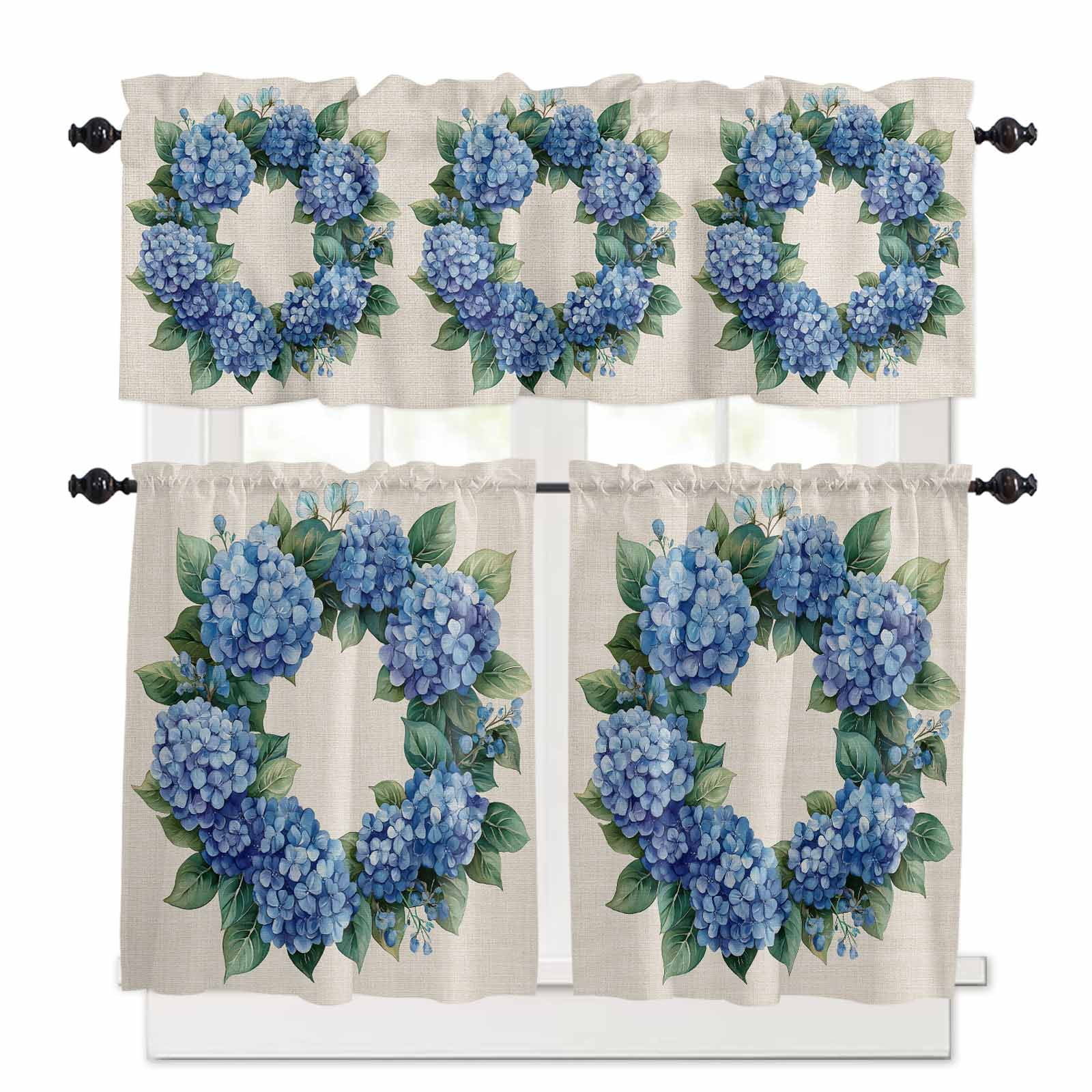 Blue Hydrangea Kitchen Curtains Valances and Tiers Set of 3 Spring ...