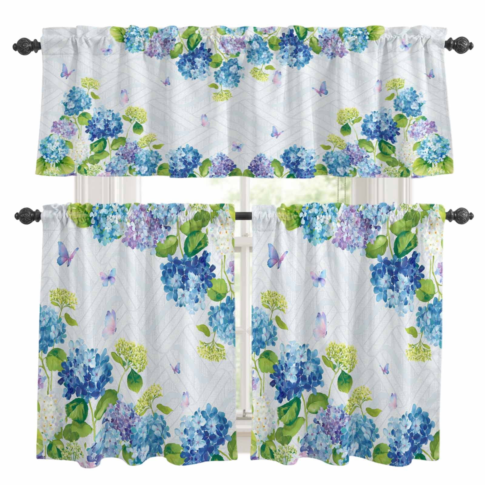 Blue Hydrangea Kitchen Curtains Valances and Tiers Set of 3 Watercolor ...