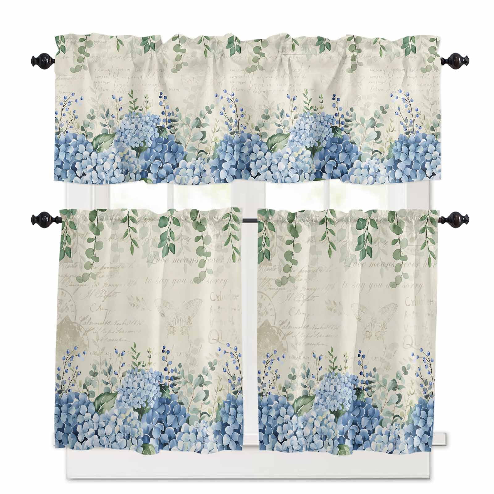 Blue Hydrangea Kitchen Curtains Valances and Tiers Set of 3 Watercolor ...