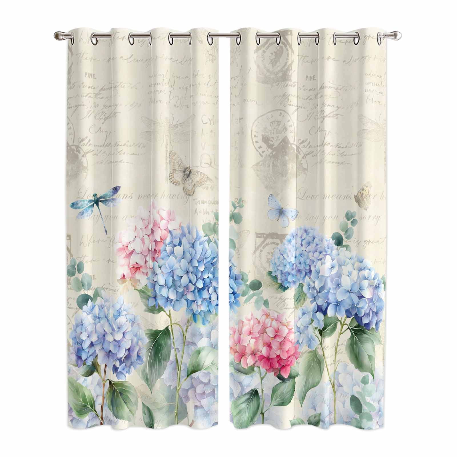 Blue Hydrangea Kitchen Curtains Window Panels, Pink Flowers Spring ...