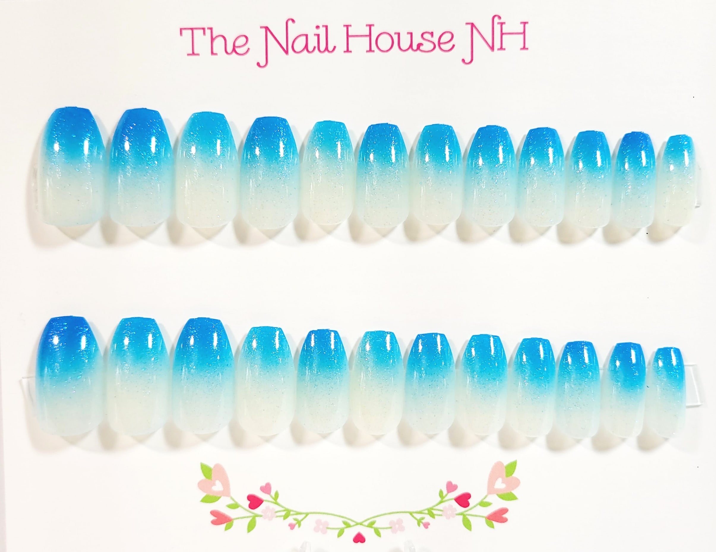 Blue Hydrangea Ombre Sparkle Glossy Ballerina Press-On Nails - 24 ...