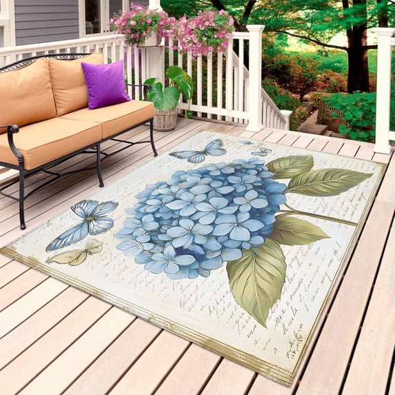 Blue Hydrangea Outdoor Rug 4x6 Ft, Non Slip Washable Area Rug, Spring ...