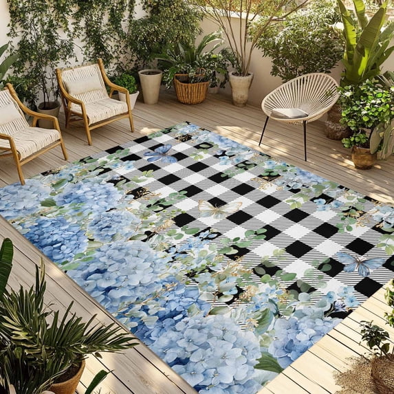 Blue Hydrangea Outdoor Rug, Rustic Summer Blue Floral Butterfly Black ...