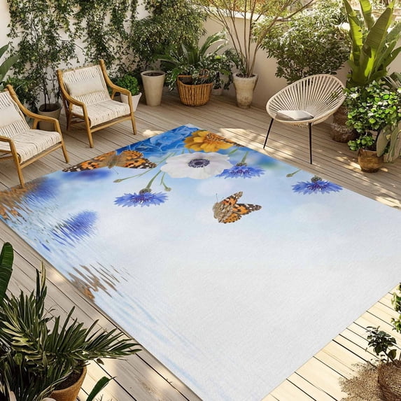 Blue Hydrangea Outdoor Rug, White Orange Flowers Butterflies Modern Non ...