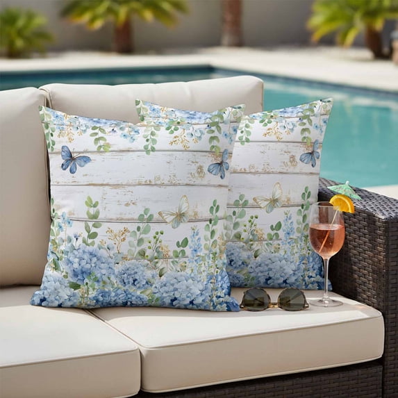 Blue Hydrangea Outdoor Waterproof Throw Pillow Covers Set of 2, 24"x24 ...