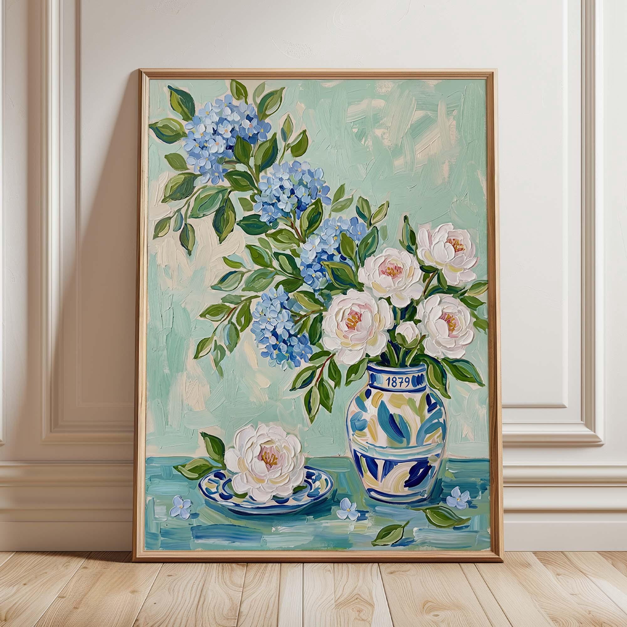 Blue Hydrangea Peony Floral Art Print Blue White Vase Still Life Poster ...