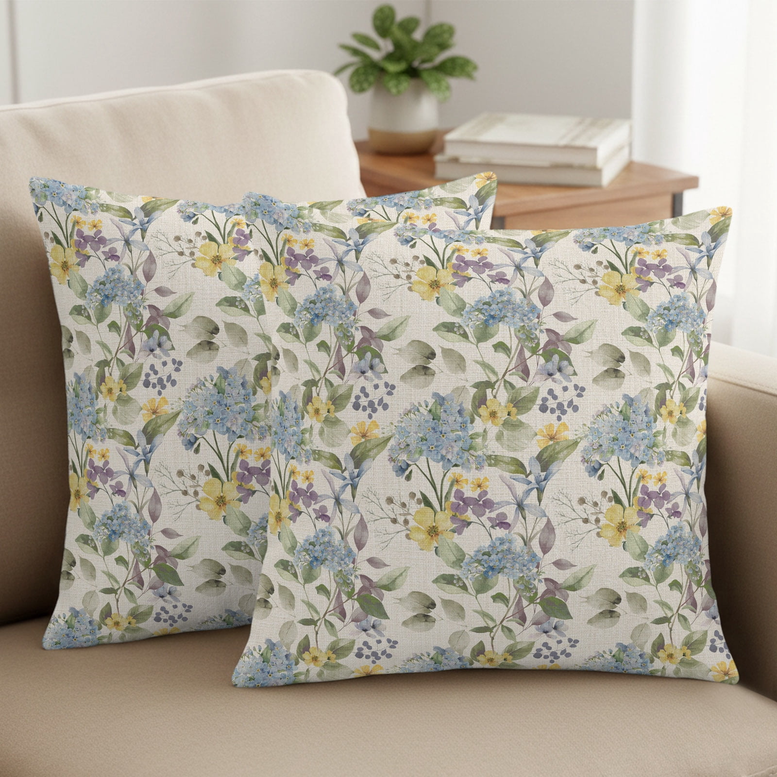 Blue Hydrangea Pillow Covers Set of 2, Watercolor Spring Yellow Floral ...