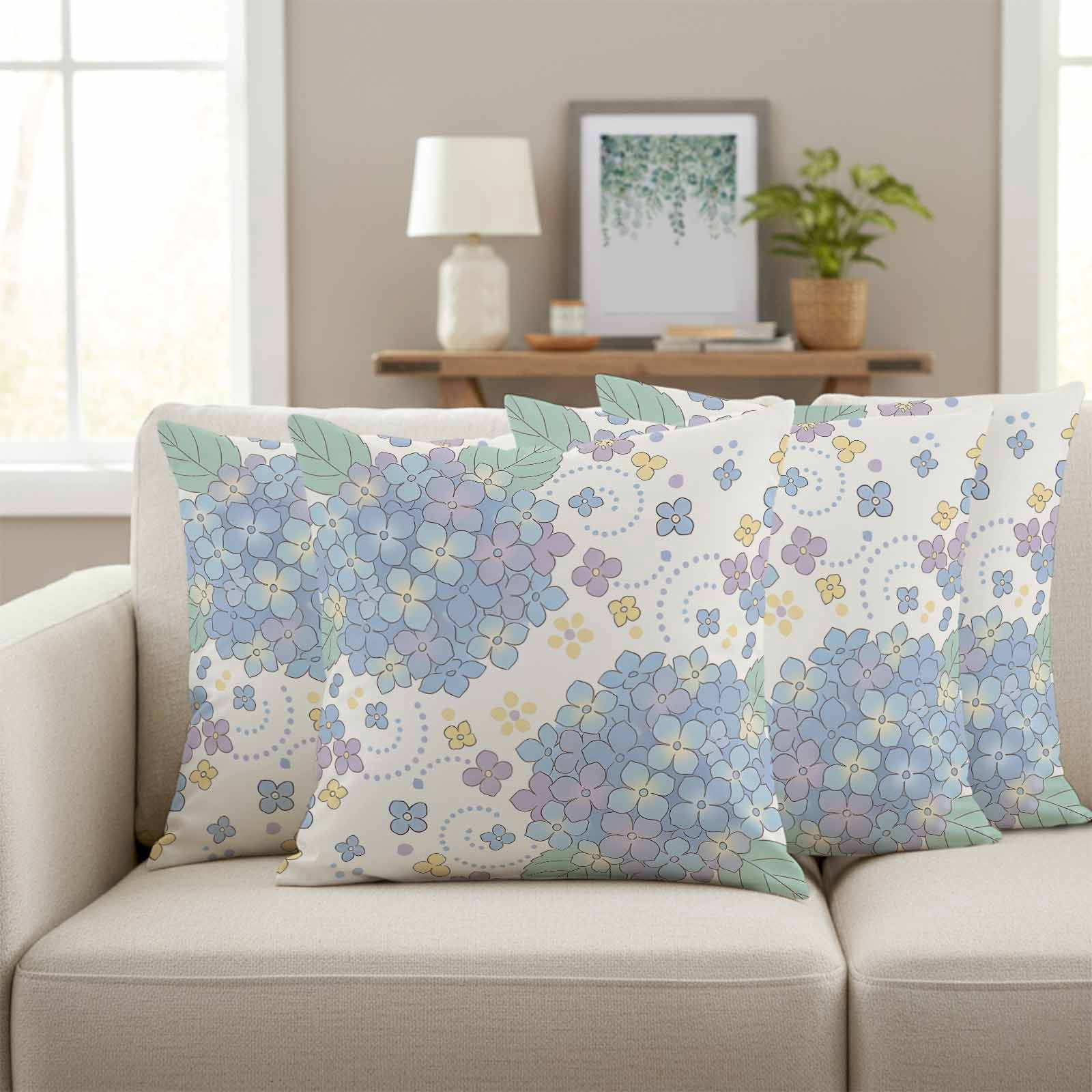 Blue Hydrangea Pillow Covers Set of 4, Watercolor Hand-painted Texture ...