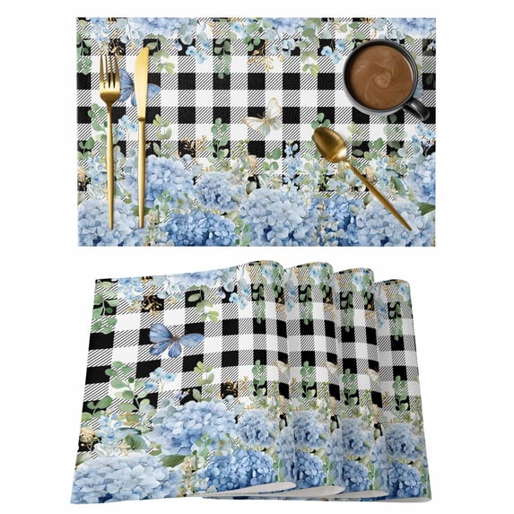 Blue Hydrangea Placemats Set of 12 Spring Summer Eucalyptus Black ...