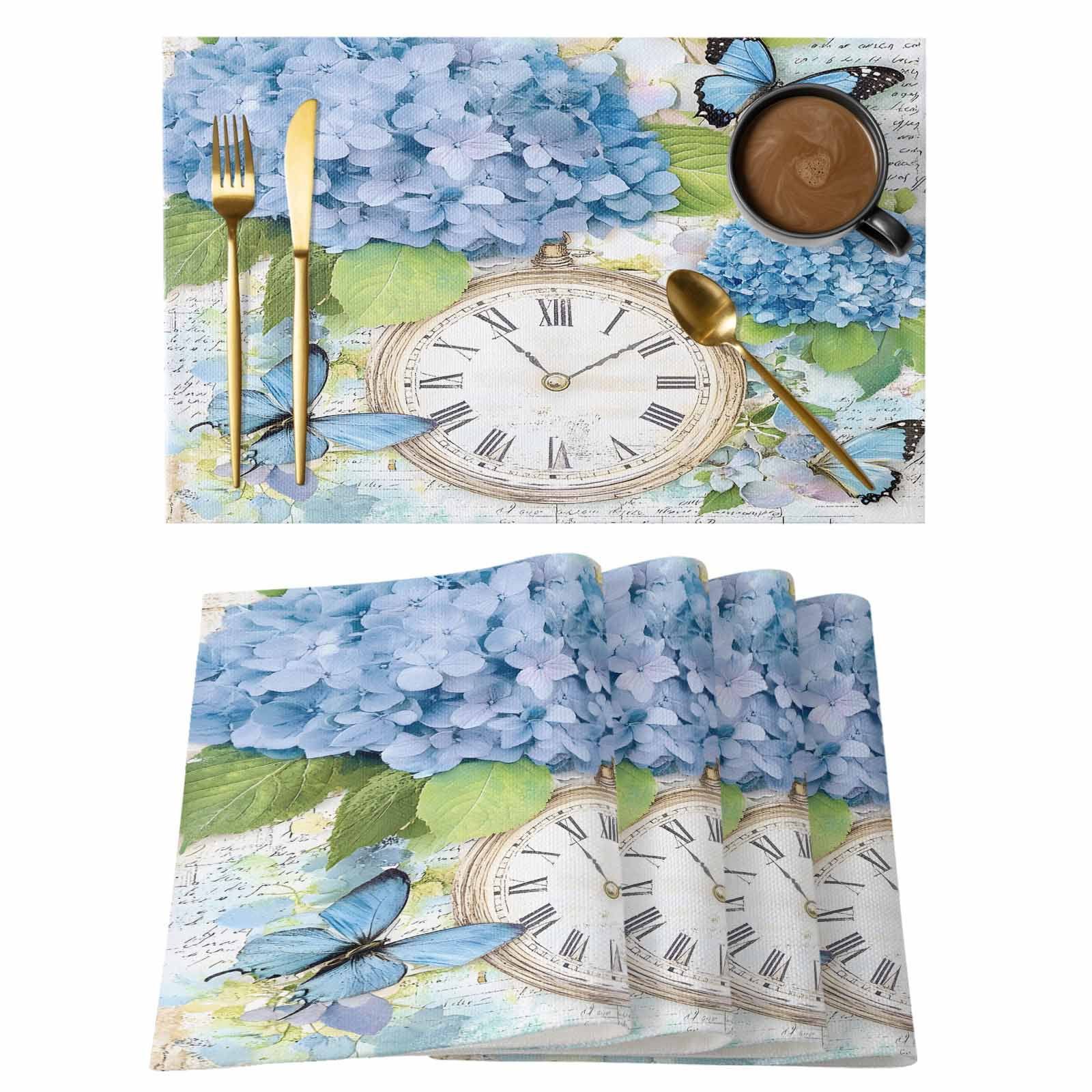 Blue Hydrangea Placemats Set of 12, Vintage Clock Butterfly Non-Slip ...