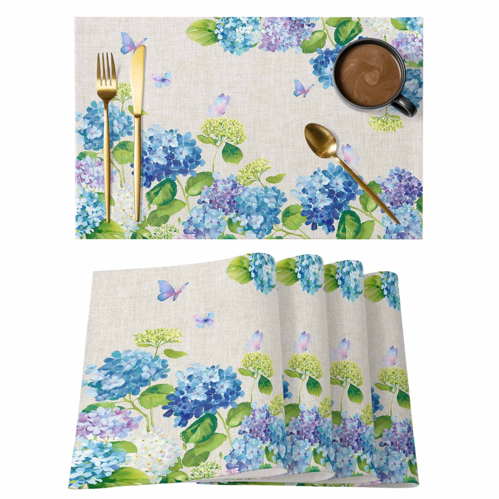 Blue Hydrangea Placemats Set of 12, Watercolor Blue Purple Flower ...