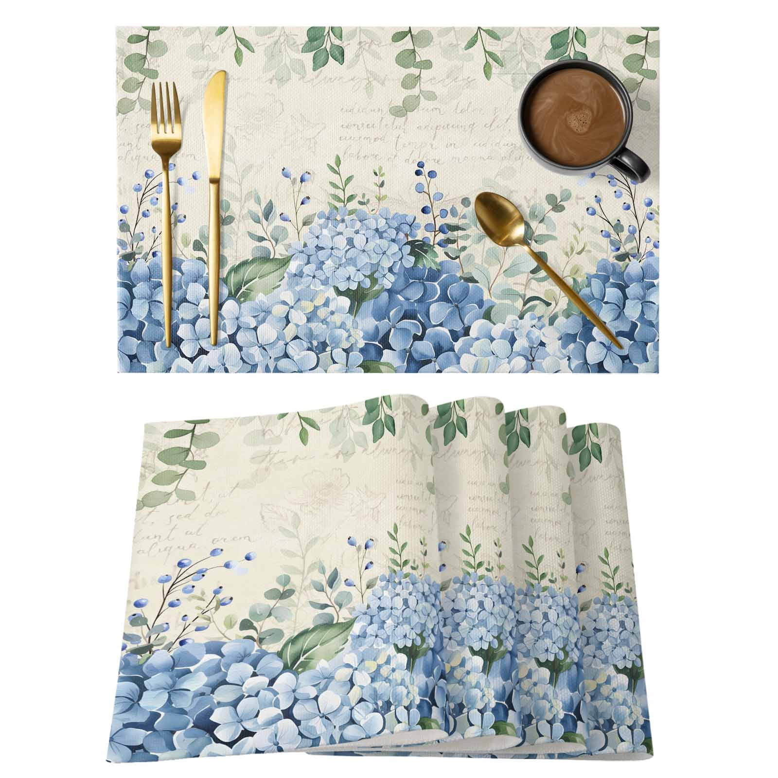Blue Hydrangea Placemats Set of 2, Watercolor Spring Blue Floral Green ...