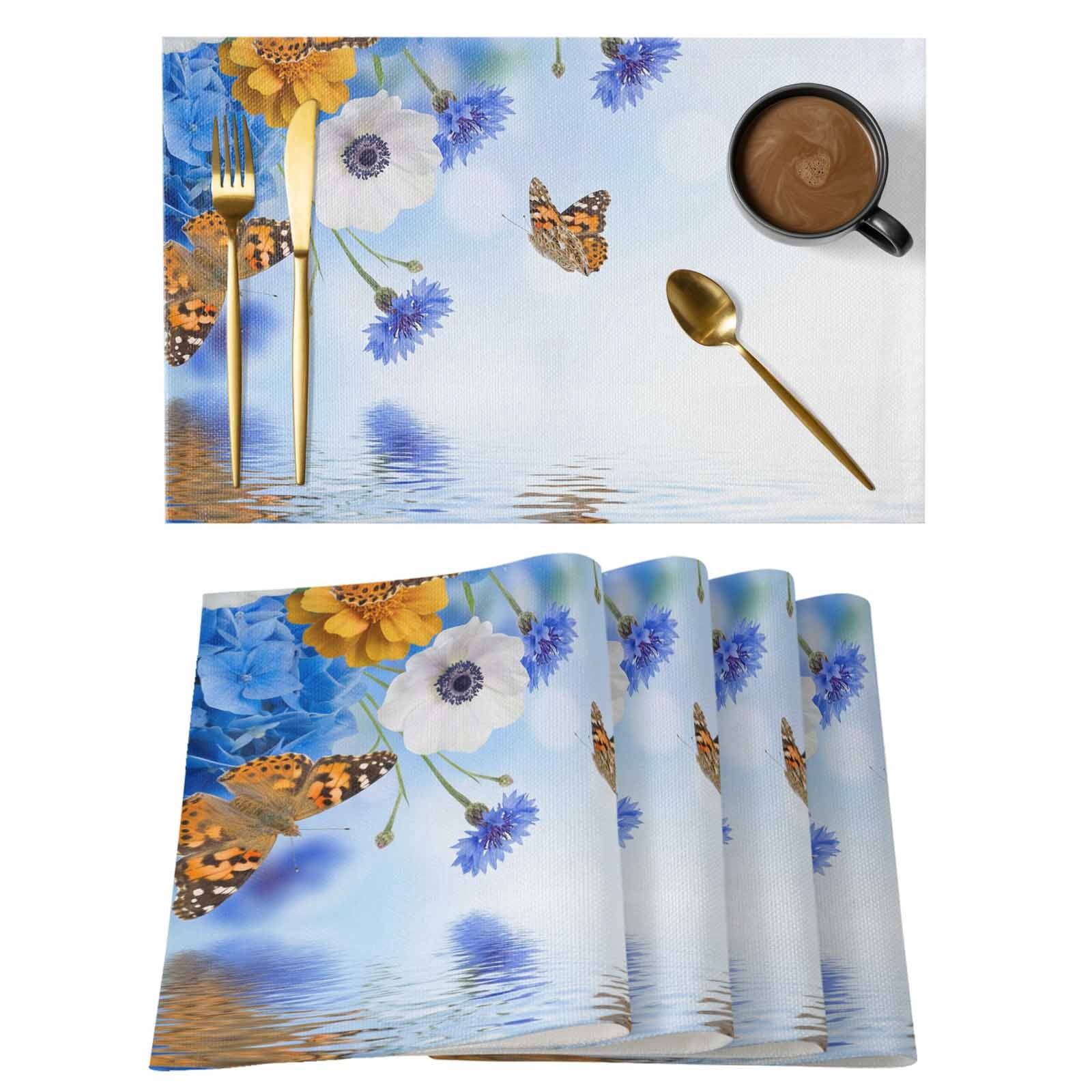 Blue Hydrangea Placemats Set of 2, White Orange Flowers Butterflies ...