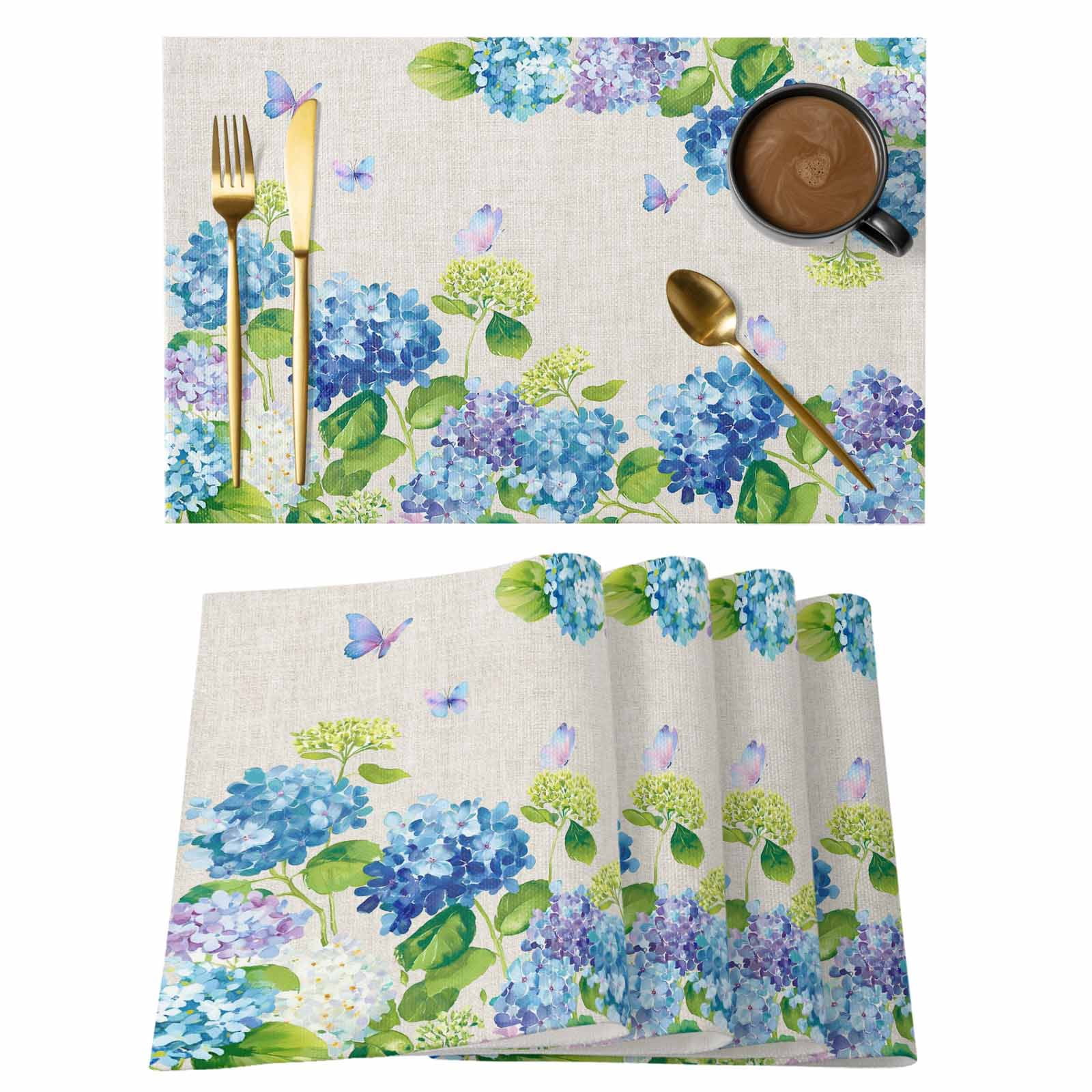 Blue Hydrangea Placemats Set of 4, Linen Texture Butterfly Spring ...