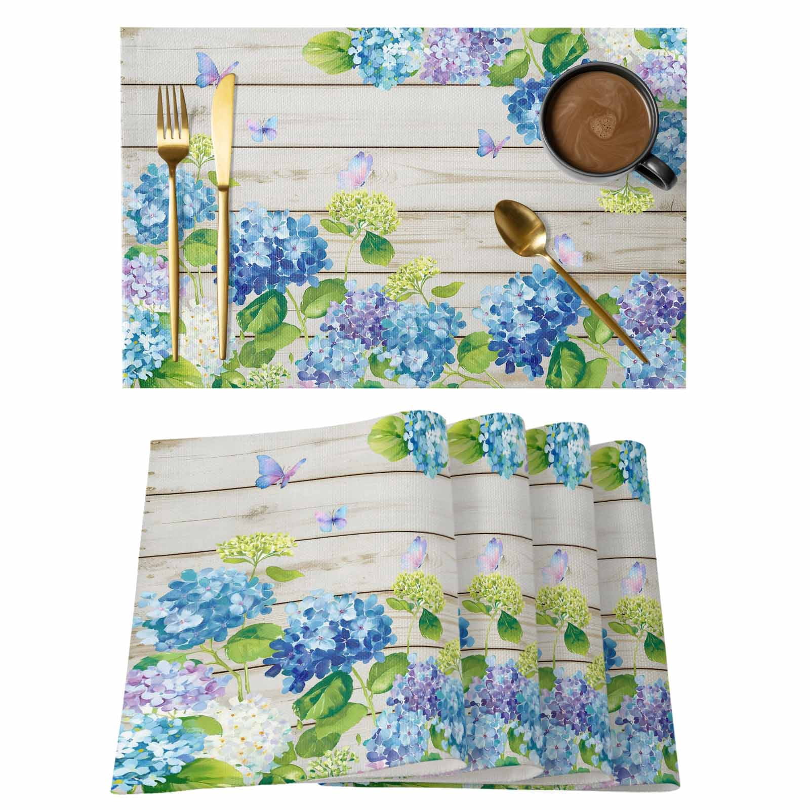 Blue Hydrangea Placemats Set of 8, Rustic Wooden Butterfly Spring ...
