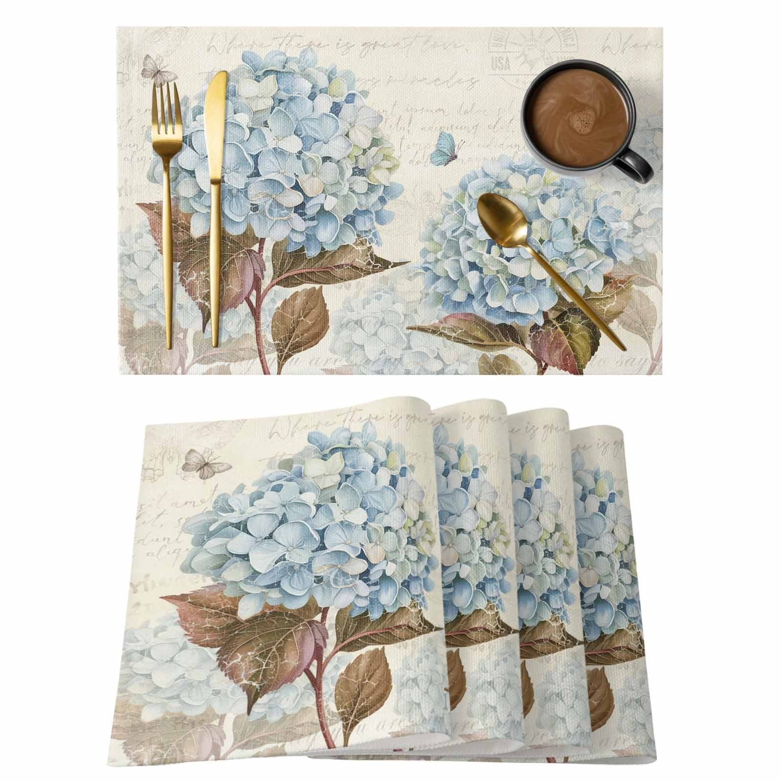 Blue Hydrangea Placemats Set of 8, Spring Floral Leaves Butterfly ...