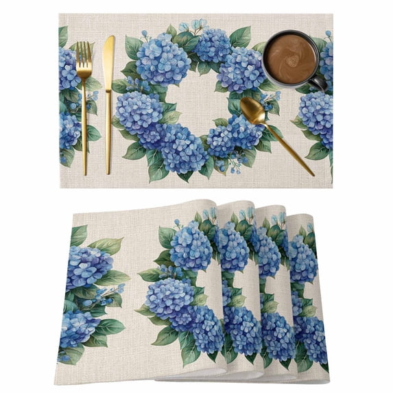 Blue Hydrangea Placemats Set of 4, Spring Wreath Flower Non-Slip Place ...