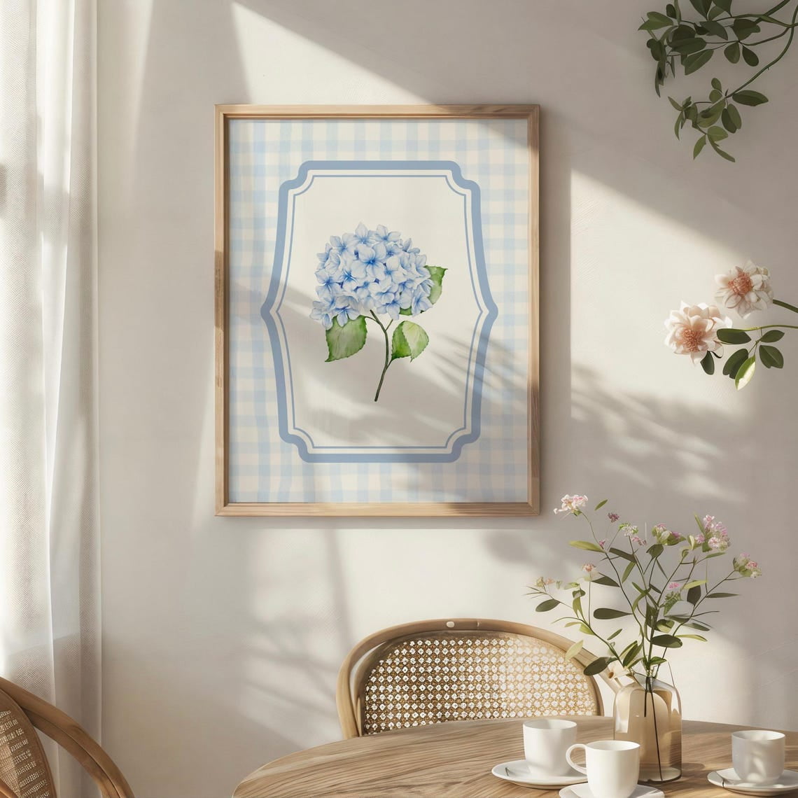 Blue Hydrangea Print, Blue Gingham Cottagecore Poster, Coastal ...