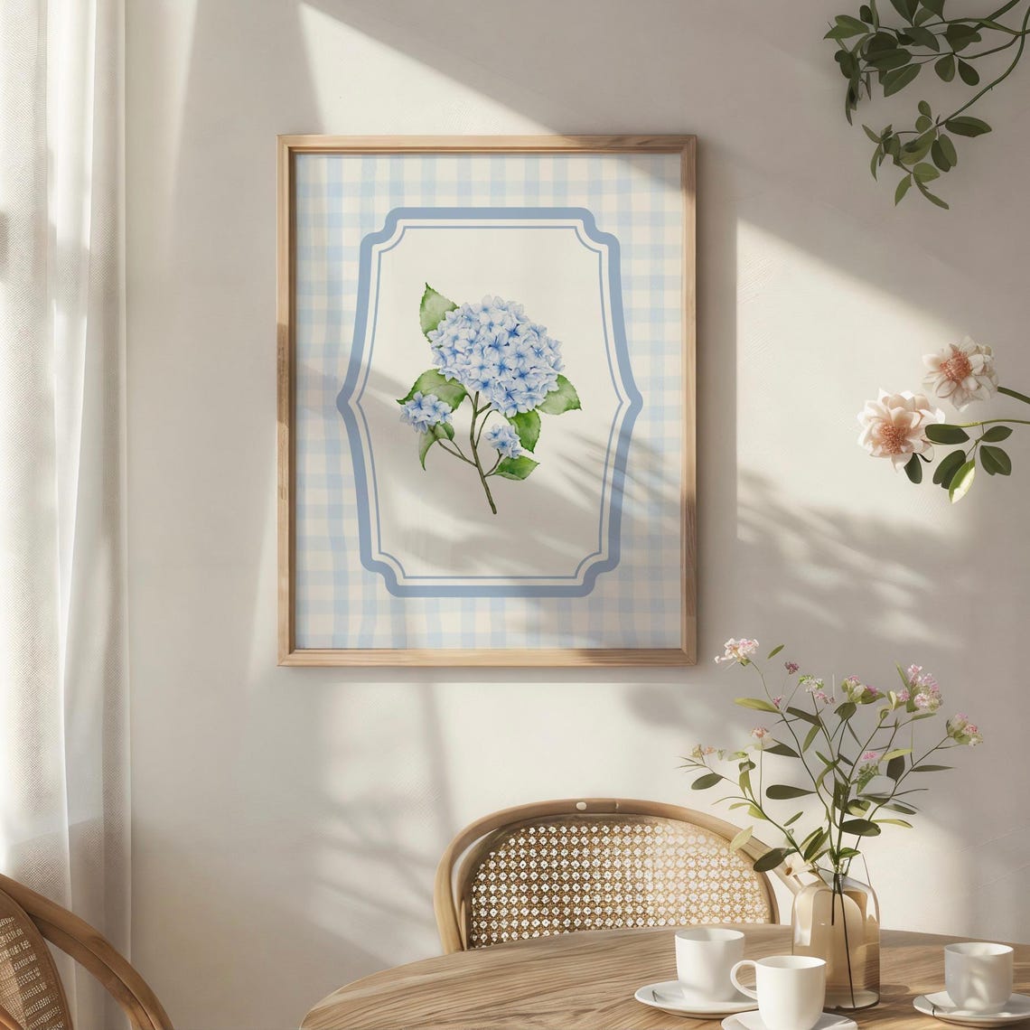 Blue Hydrangea Print, Blue Gingham Cottagecore Poster, Coastal ...