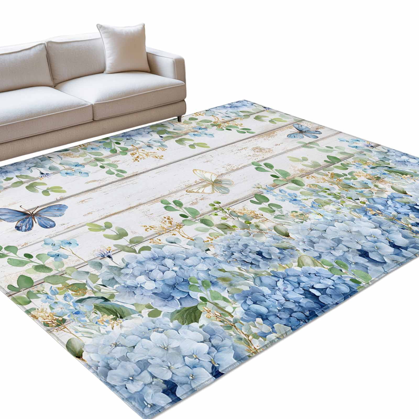 Blue Hydrangea Rectangle Rug 6'x9' Rustic Summer Blue Floral Butterfly ...