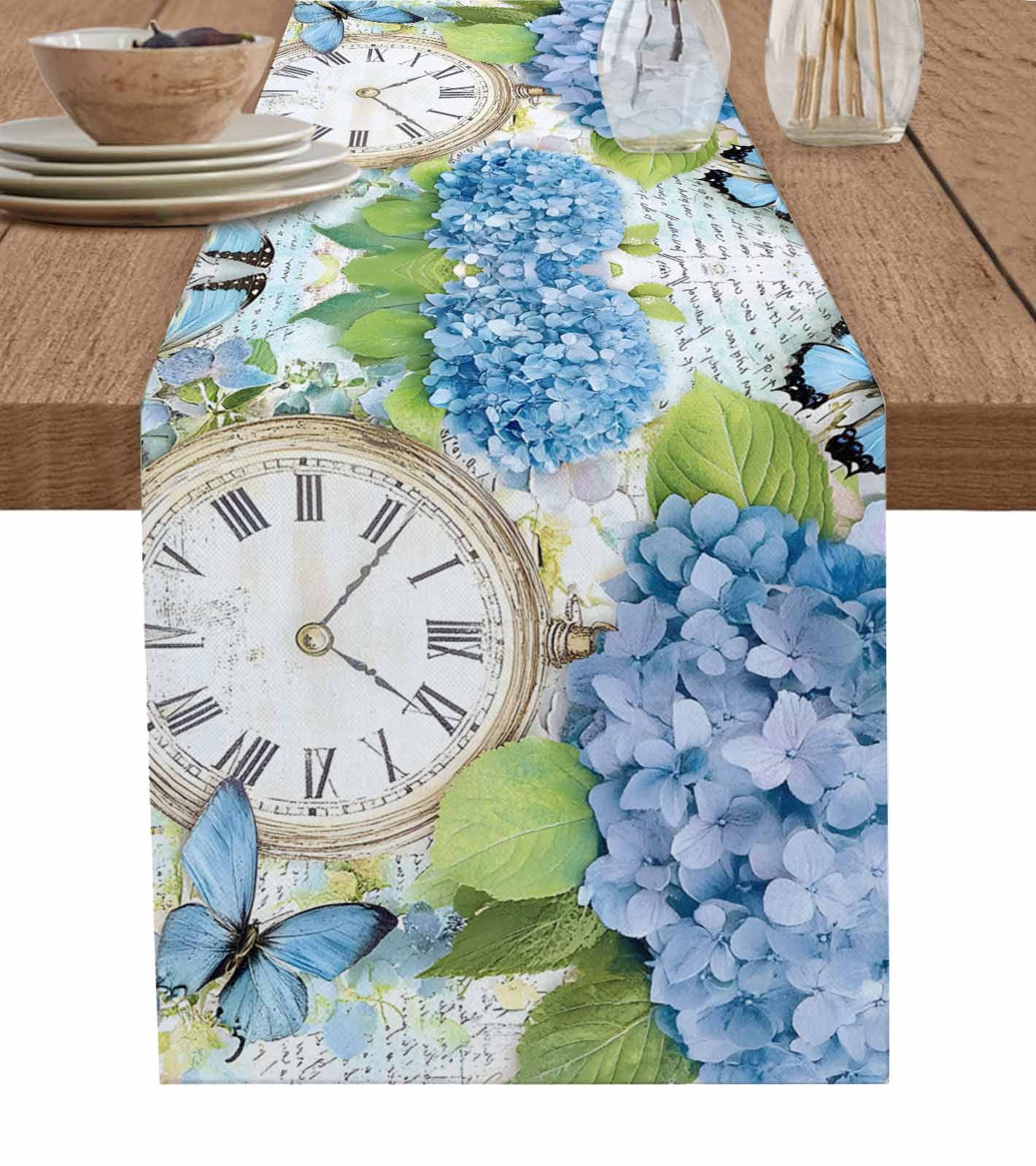 Blue Hydrangea Retro Burlap Cotton Table Runner 13x60 Inches Long, Spring Summer Clock Butterfly ...