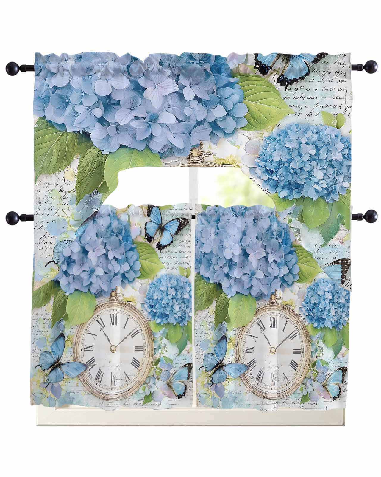 Blue Hydrangea Retro Kitchen Curtains Sets 24 Inch Length with Valance ...