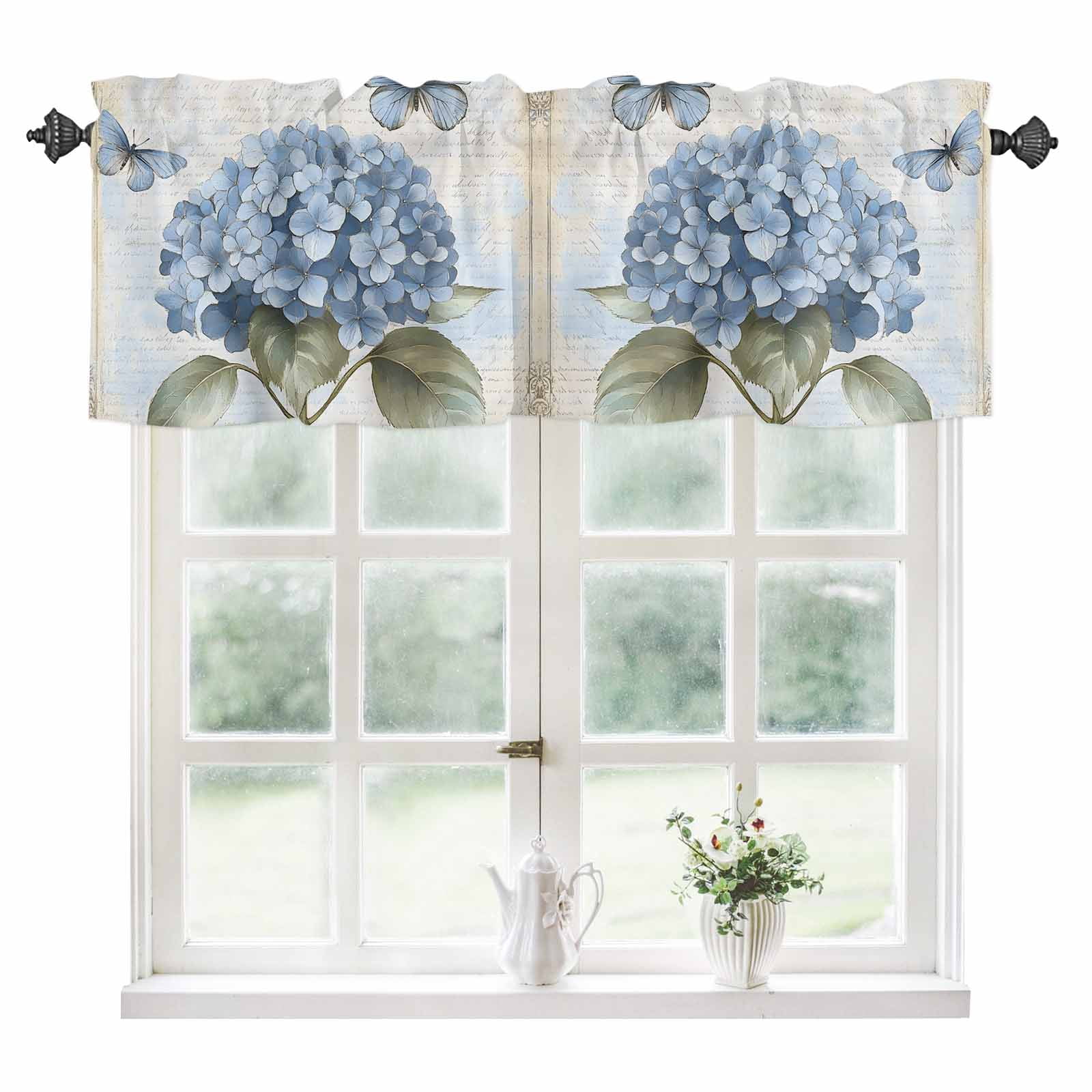 Blue Hydrangea Retro Kitchen Valances for Windows 60x18 Inch Kitchen Curtains Valances Rod ...