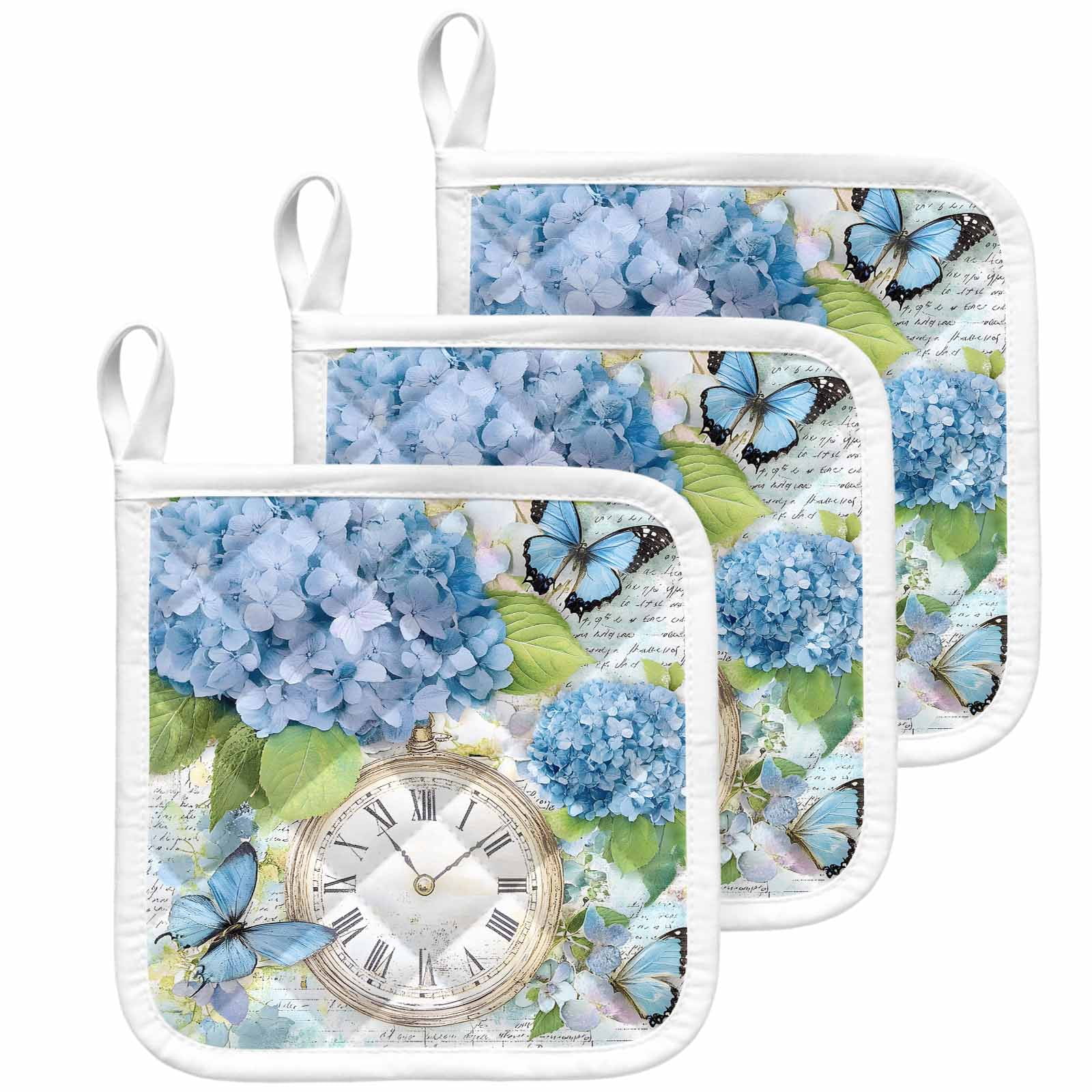 Blue Hydrangea Retro Pot Holders for Kitchen Heatproof Potholder, 3 ...