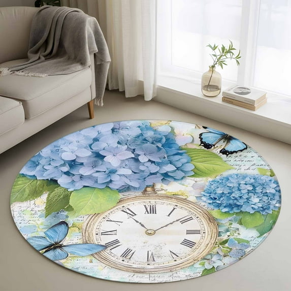 Blue Hydrangea Retro Round Rug 3.3ft Washable Circle Entryway Rugs Non ...