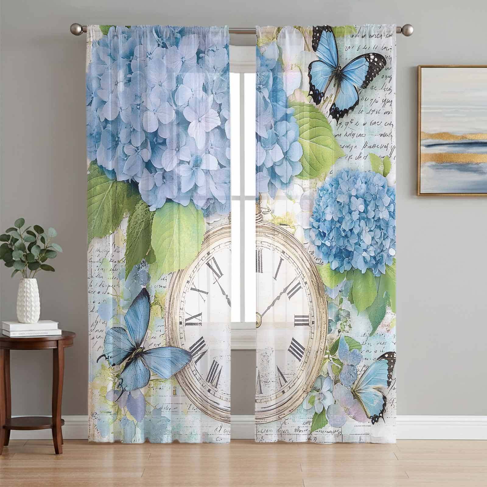 Blue Hydrangea Retro Semi Sheer Curtains 84 Inch Length 2 Panels Set ...
