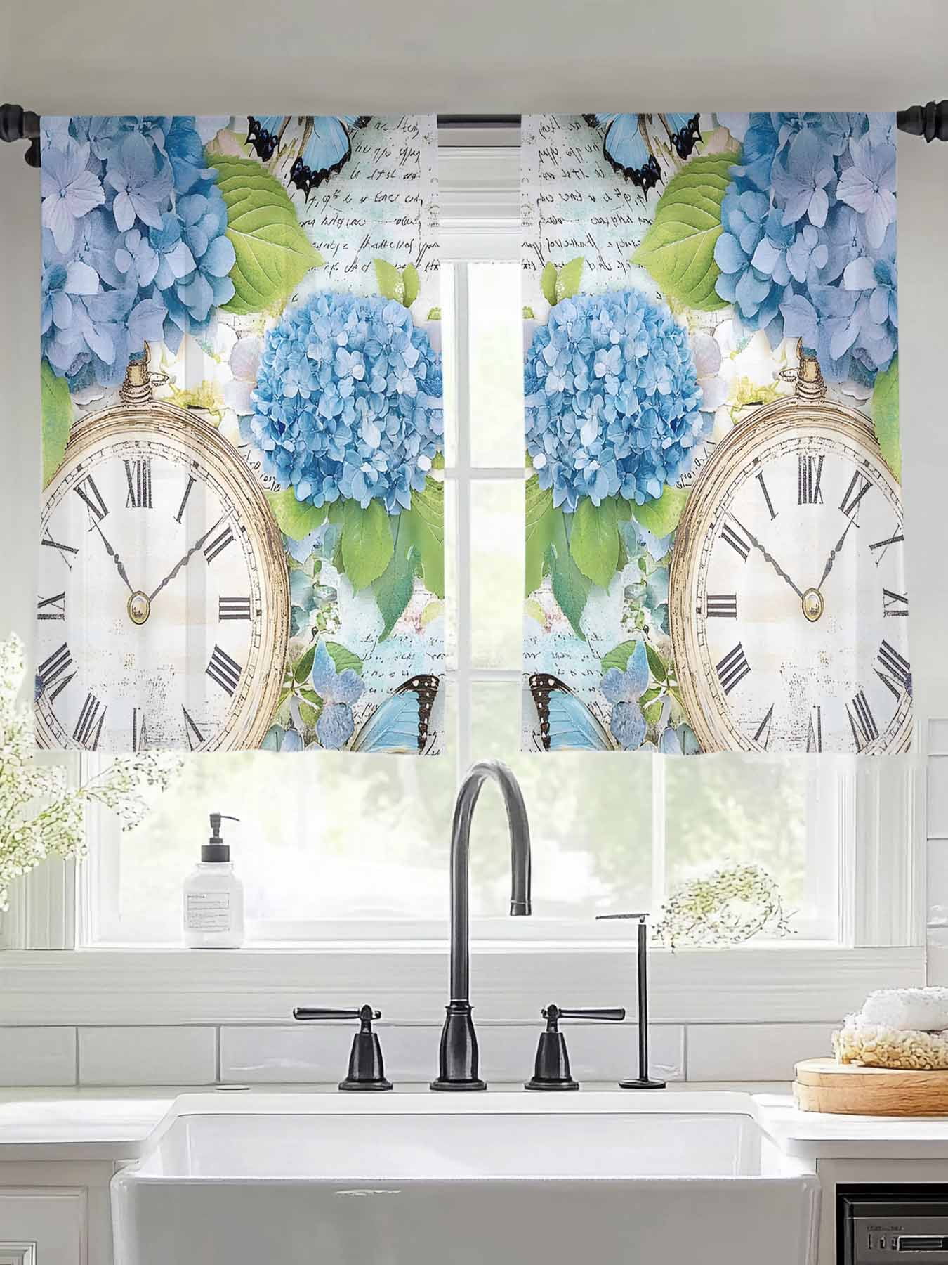 Blue Hydrangea Retro Sheer Curtains for Living Room Bedroom Spring ...