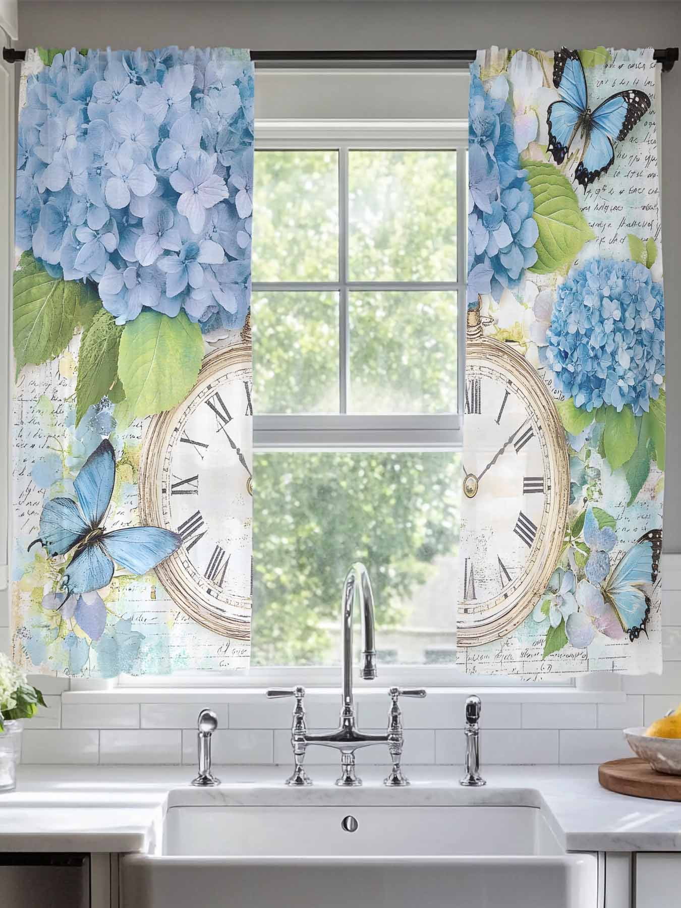 Blue Hydrangea Retro Sheer Curtains for Living Room Bedroom Spring ...